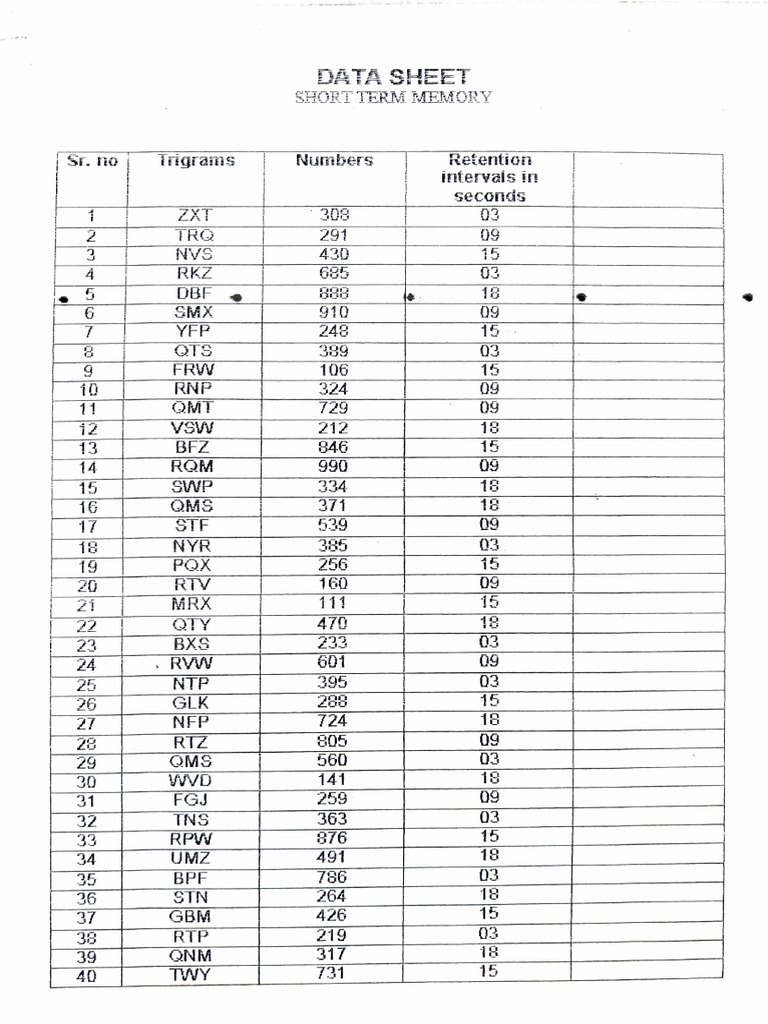 Short Term Memory Data Sheet | PDF