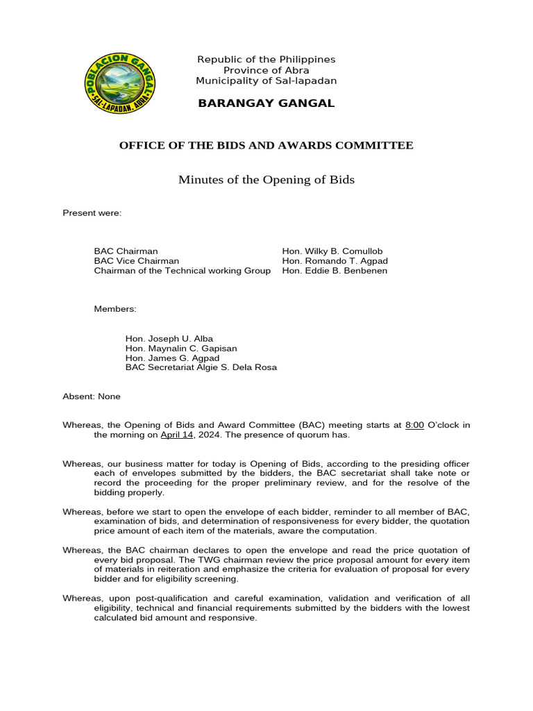 Minutes of Bid Opening in Sal-lapadan | PDF