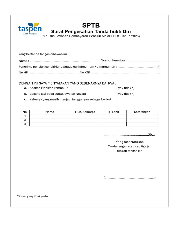 Contoh SPTB Taspen 2025 untuk Pensiun | PDF