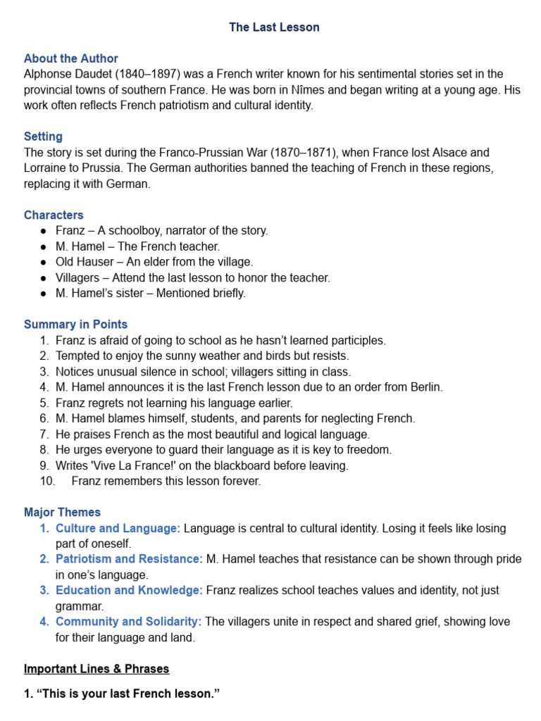 The Last Lesson - Handouts | PDF