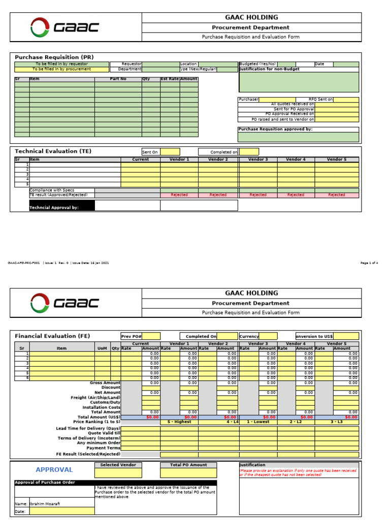 GAAC-AFG-PRC-F001 - PR and Evaluation Form Rev0 | PDF | Trade | Economies