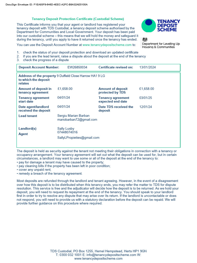 Deposit Protection Certificate - 7546612 | PDF | Lease | Landlord