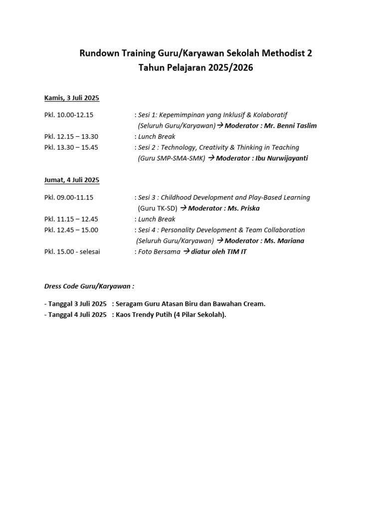 Rundown Training G-K Sekolah Methodist 2 (3-4 Juli 2025) | PDF
