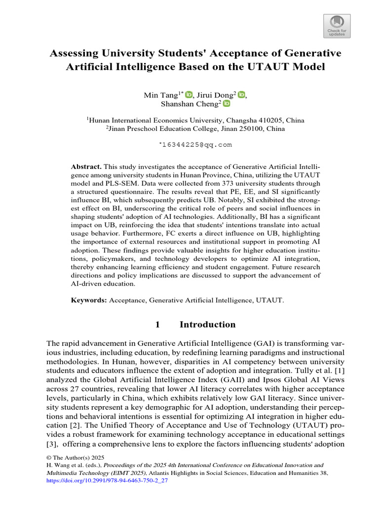 Assessing University Students' Acceptance of Generative Artificial Intelligence Based On The ...