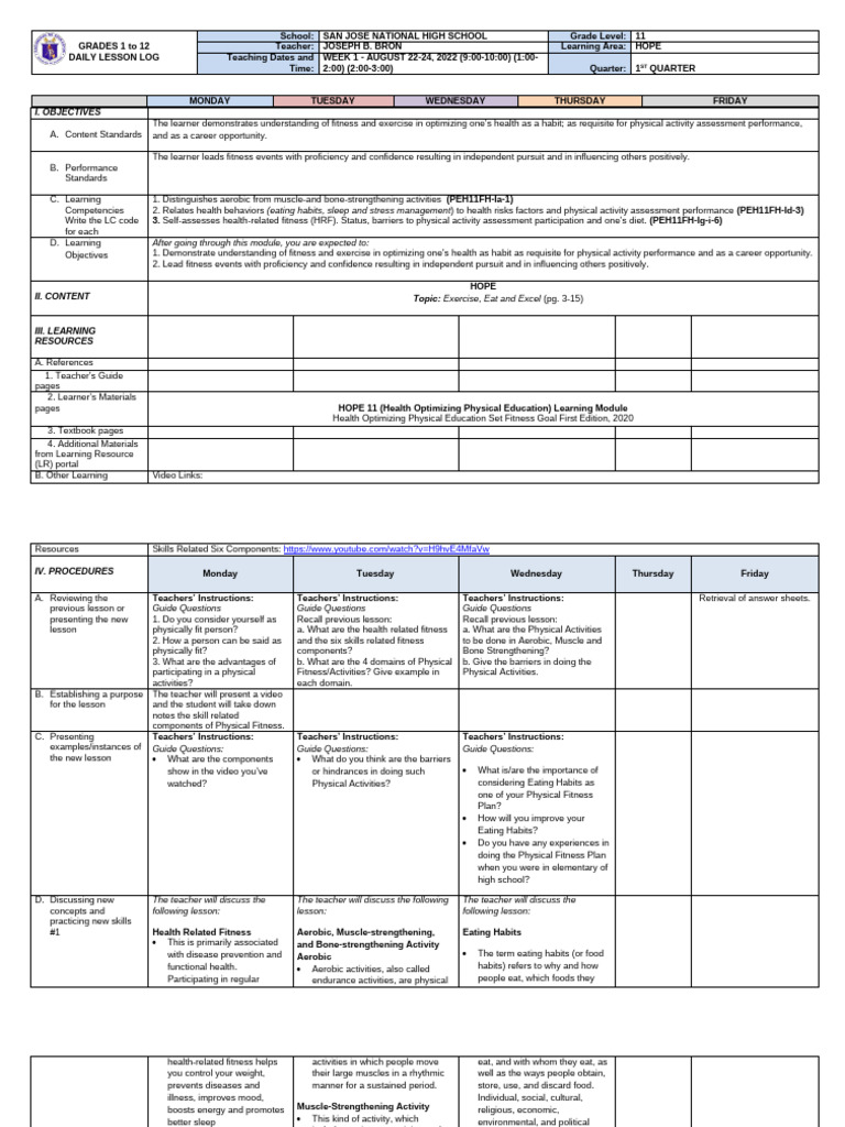 DLL Pe11 Q1 Week 1 | PDF | Physical Fitness | Strength Training