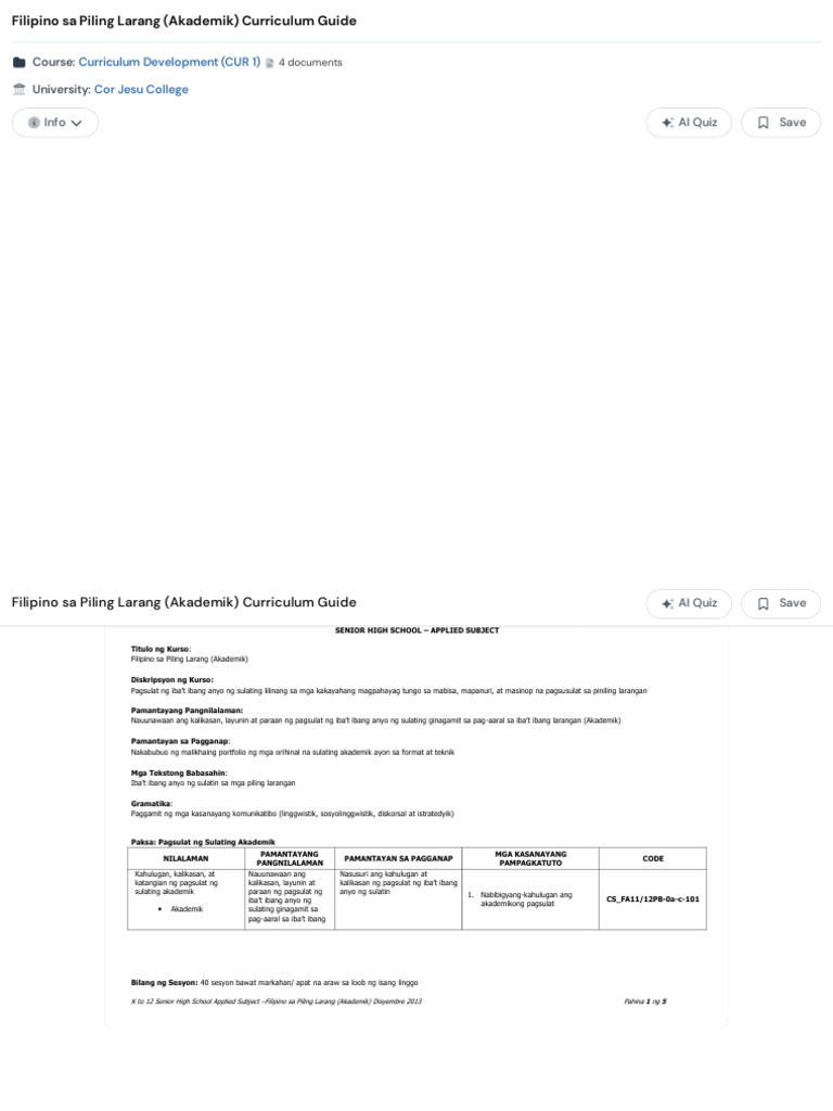 Filipino Sa Piling Larang Akademik Curriculum Guide Compress | PDF