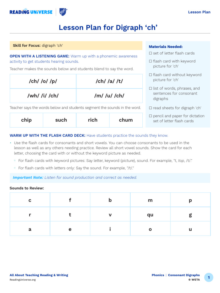 Lesson Plan Consonant Digraph CH Reading Universe | PDF | Phonics ...