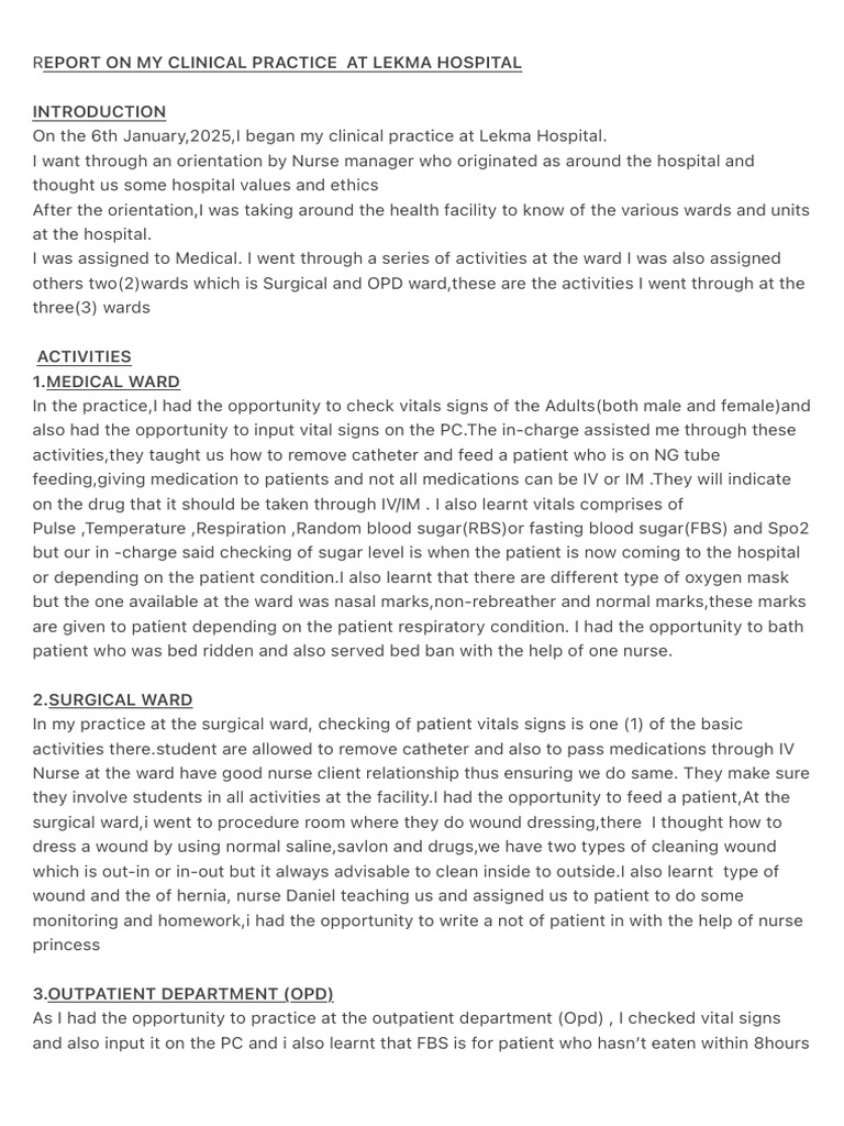 Clinical Practice Report at Lekma Hospital | PDF | Patient | Hospital