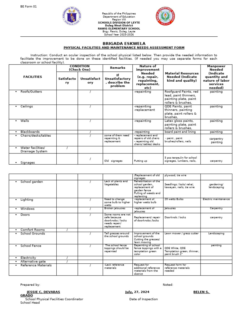 BE Form 1 - PHYSICAL FACILITIES AND MAINTENANCE NEEDS ASSESSMENT FORM ...