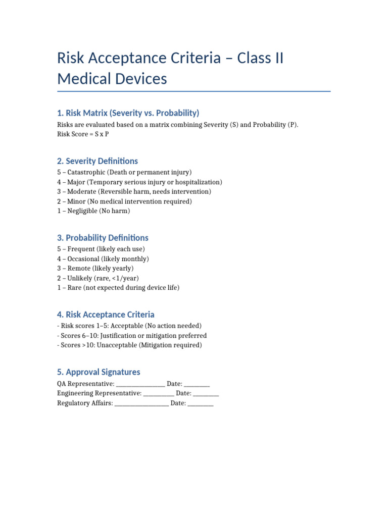 Risk Acceptance Criteria Form Class II | PDF