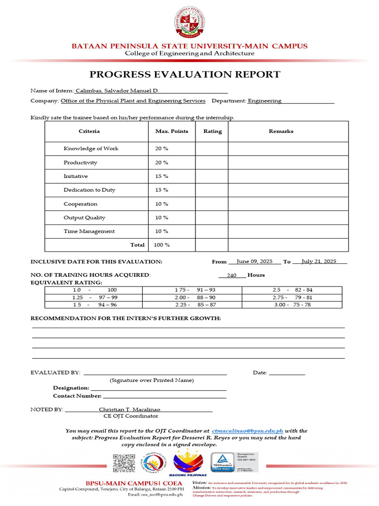 Progress Evaluation Form CALIMBAS | PDF