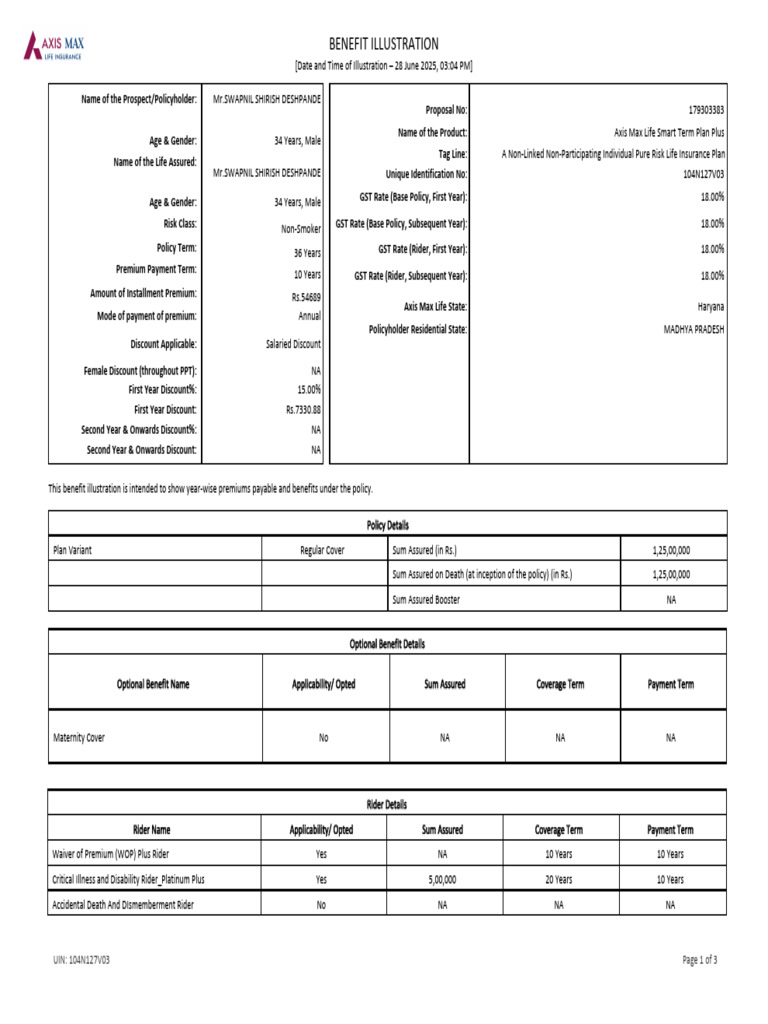 Axis Max Life Smart Term Plan Illustration | PDF | Insurance | Life ...