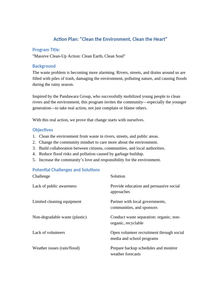 Community Clean-Up Action Plan | PDF | Waste | Natural Environment