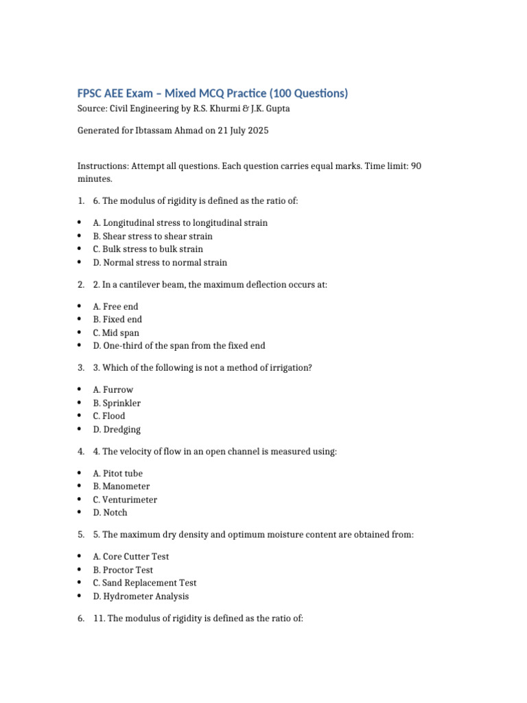 FPSC AEE Mock MCQ Practice 100 | PDF | Shear Stress | Stiffness