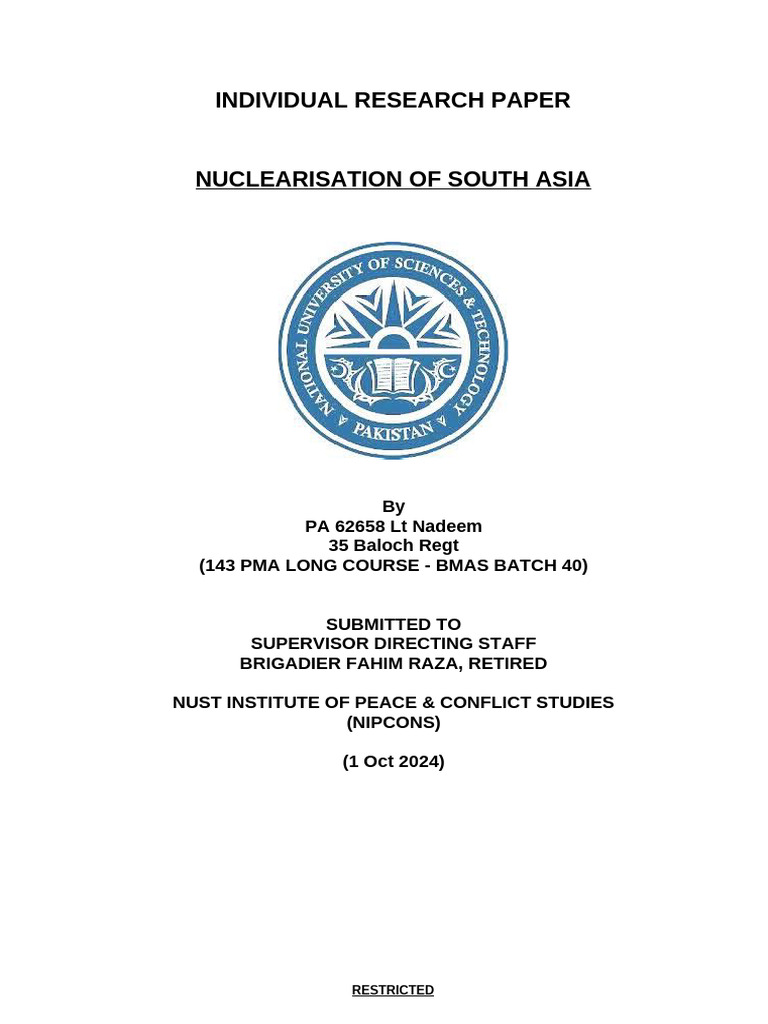 2.LT Nadeem Final Draft IRP (Nuclearisation of South Asia) | PDF | Nuclear Weapons | Nuclear Warfare