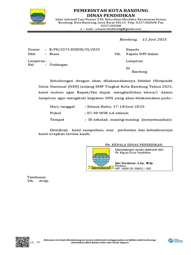 Undangan OSN SMP Kota Bandung 2025 | PDF