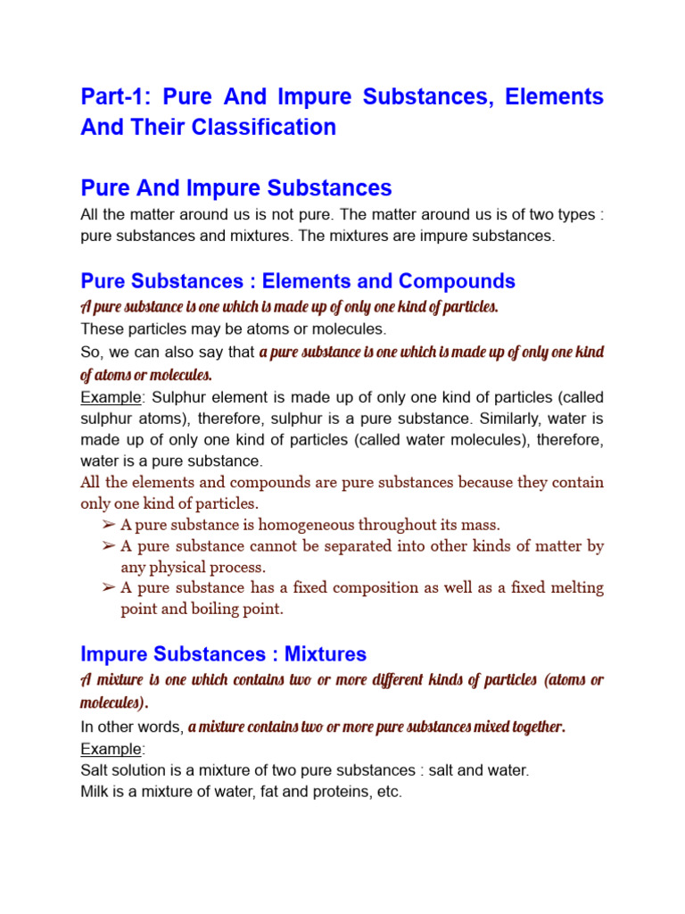 Part-1 - Pure and Impure Substances, Elements and Their Classification ...