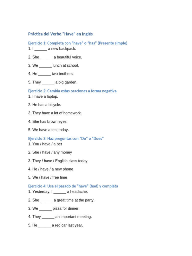 Ejercicios del Verbo "Have" en Presente | PDF