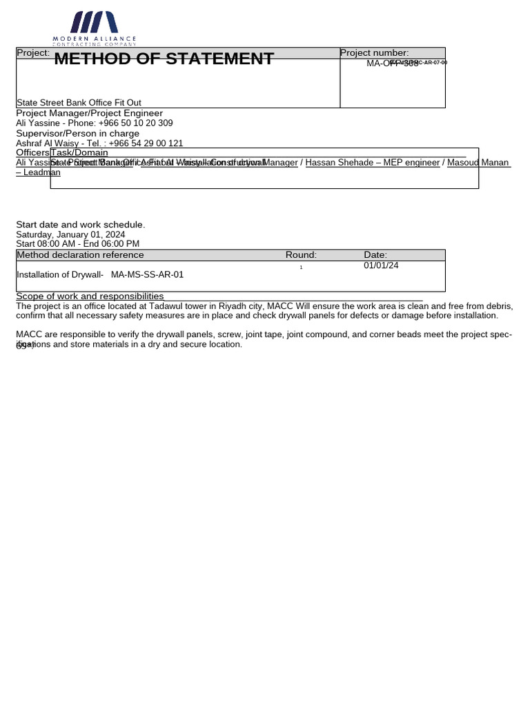 Drywall Installation Method Statement | PDF | Drywall | Occupational ...