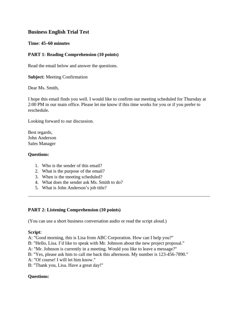 Business English Trial Test Guide | PDF | Human Communication ...