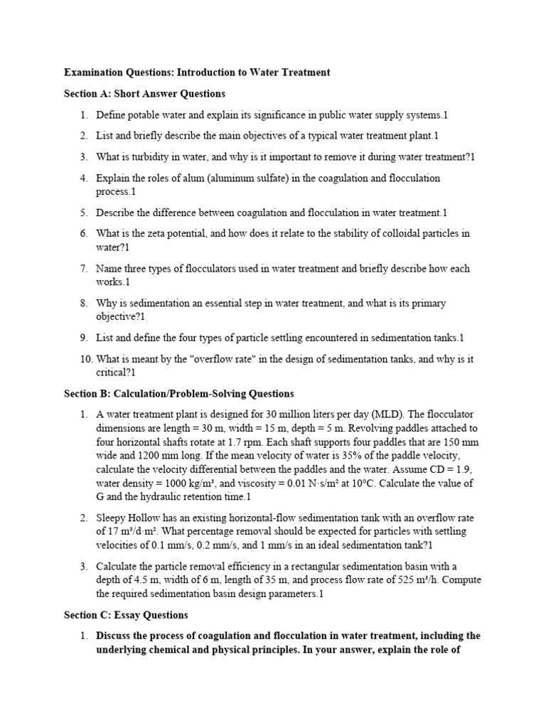 Water Treatment Exam Questions Guide | PDF | Physical Sciences