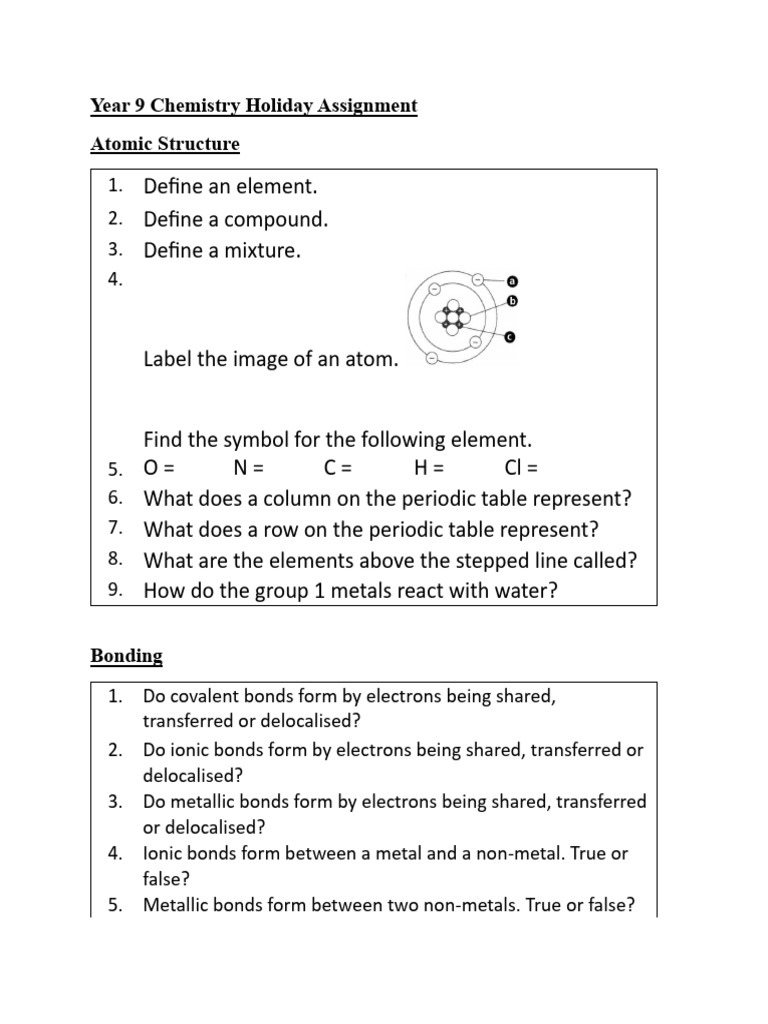 Year 9 Chemistry Holiday Assignment | PDF