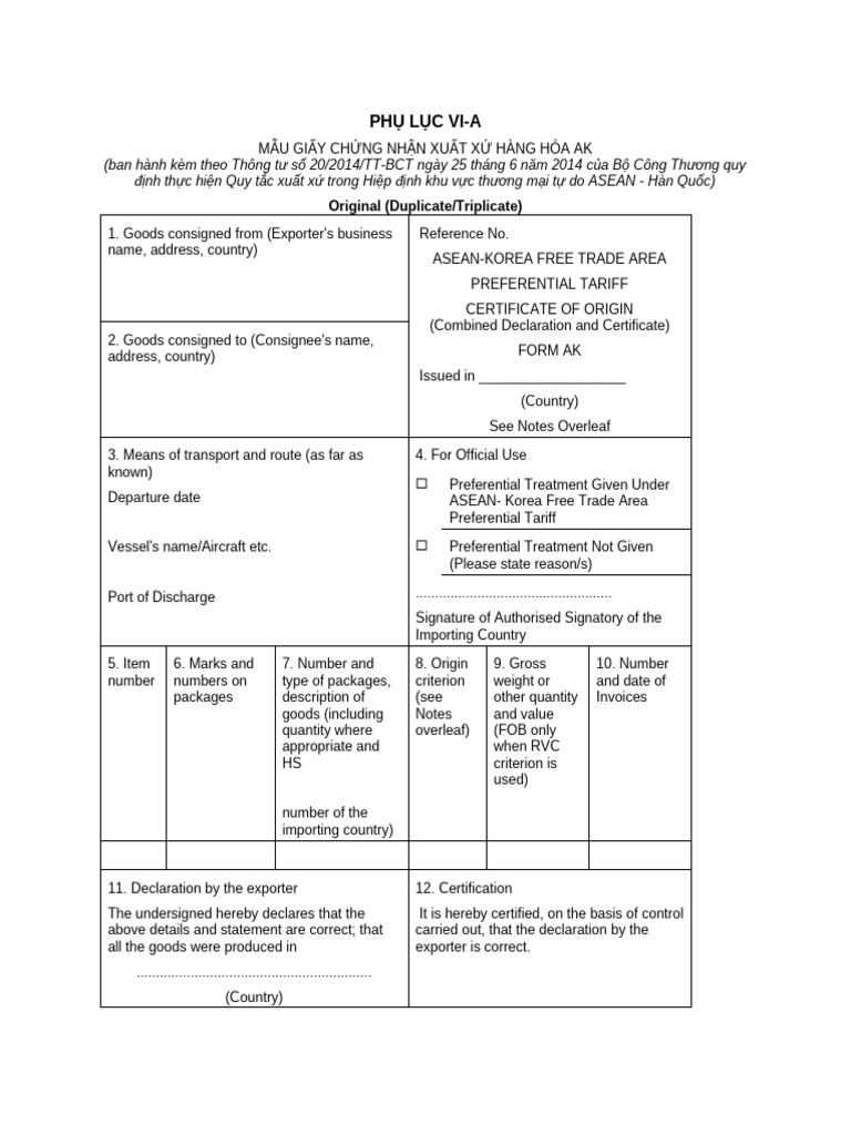 Mẫu Giấy Chứng Nhận Xuất Xứ AK | PDF | International Relations | Vietnam