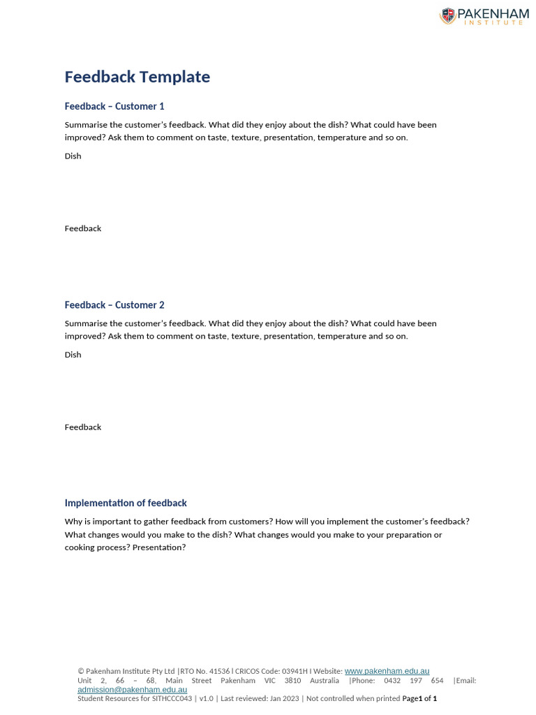 SITHCCC043 Feedback Template | PDF