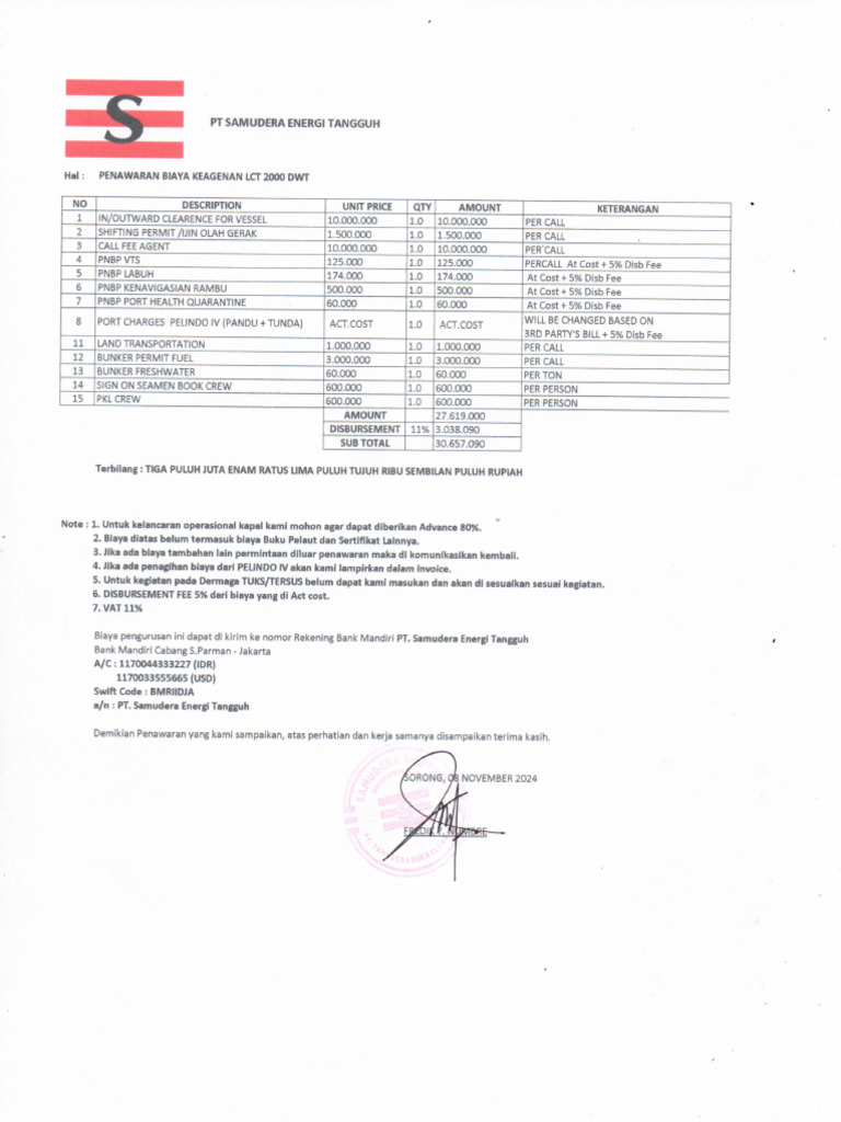 Penawaran Keagenan LCT 2000 DWT | PDF