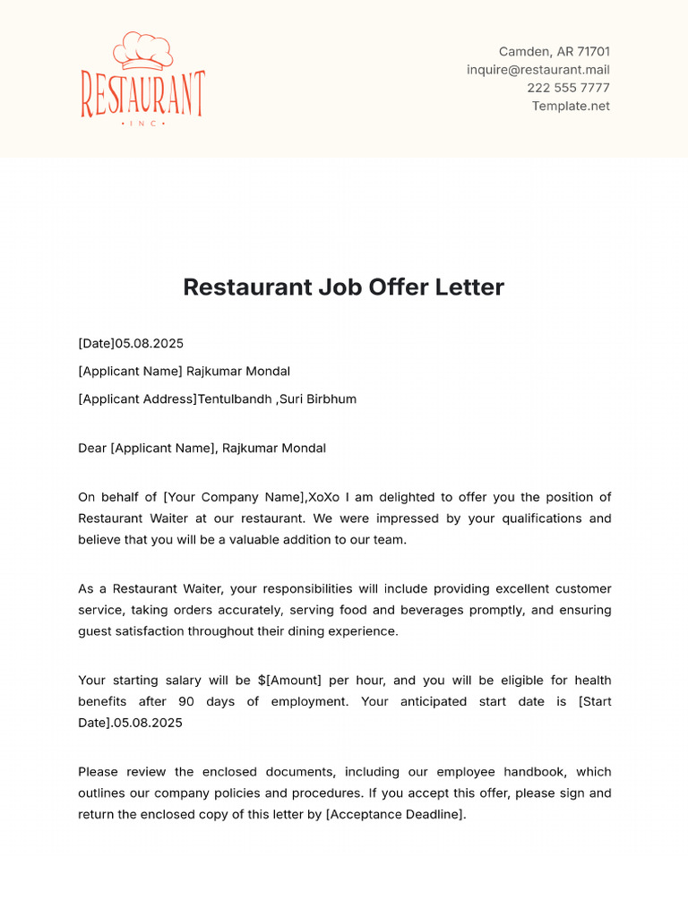 Restaurant Job Offer Letter Template | PDF
