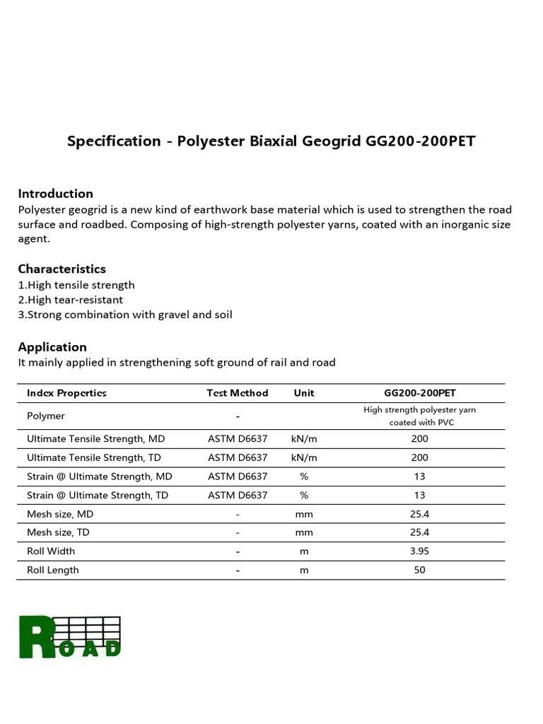 ROAD Polyester Geogrid 200-200 Spec | PDF
