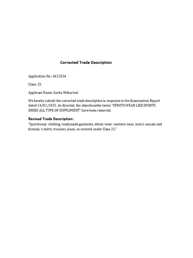Corrected Trade Description for Class 25 | PDF