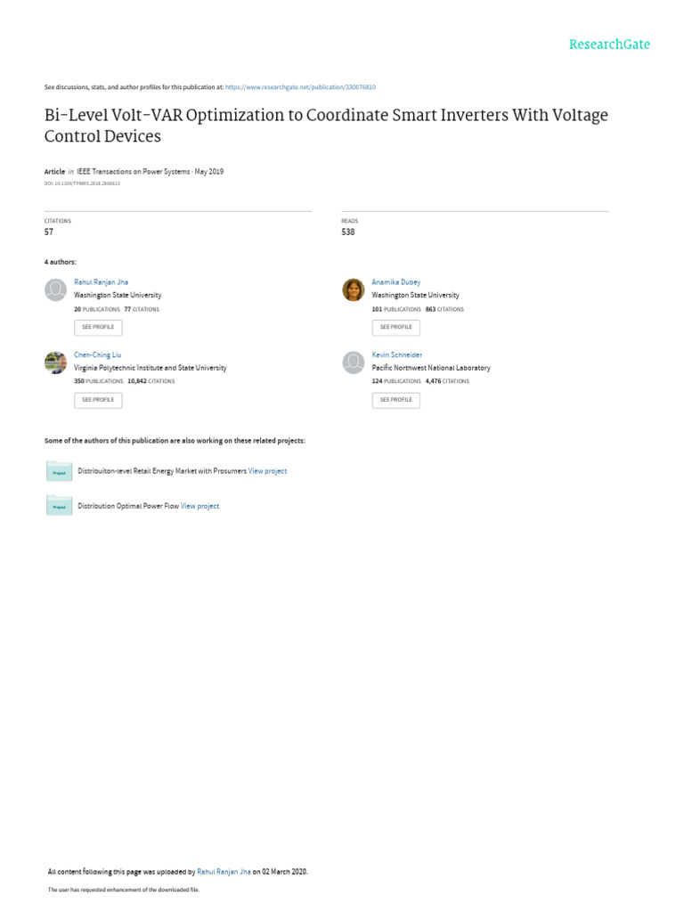 Bi Level Volt VAR Optimization To Coordinate Smart Inverters With Voltage Control Devices | PDF ...