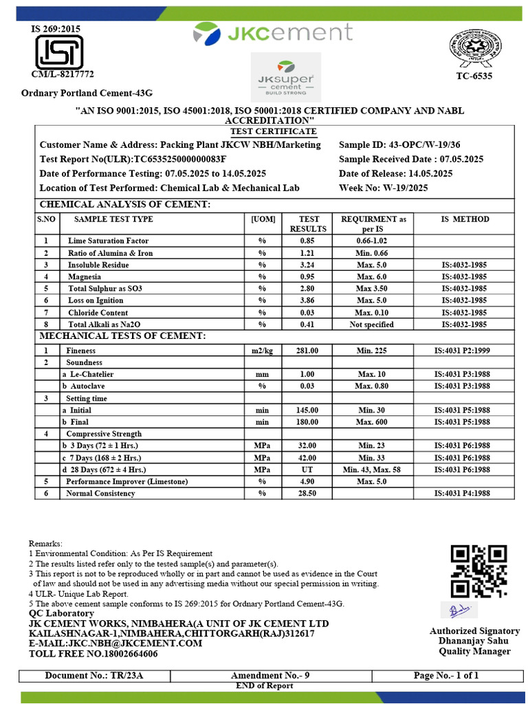 Ordinary Portland Cement Test Report | PDF | Materials | Building Materials