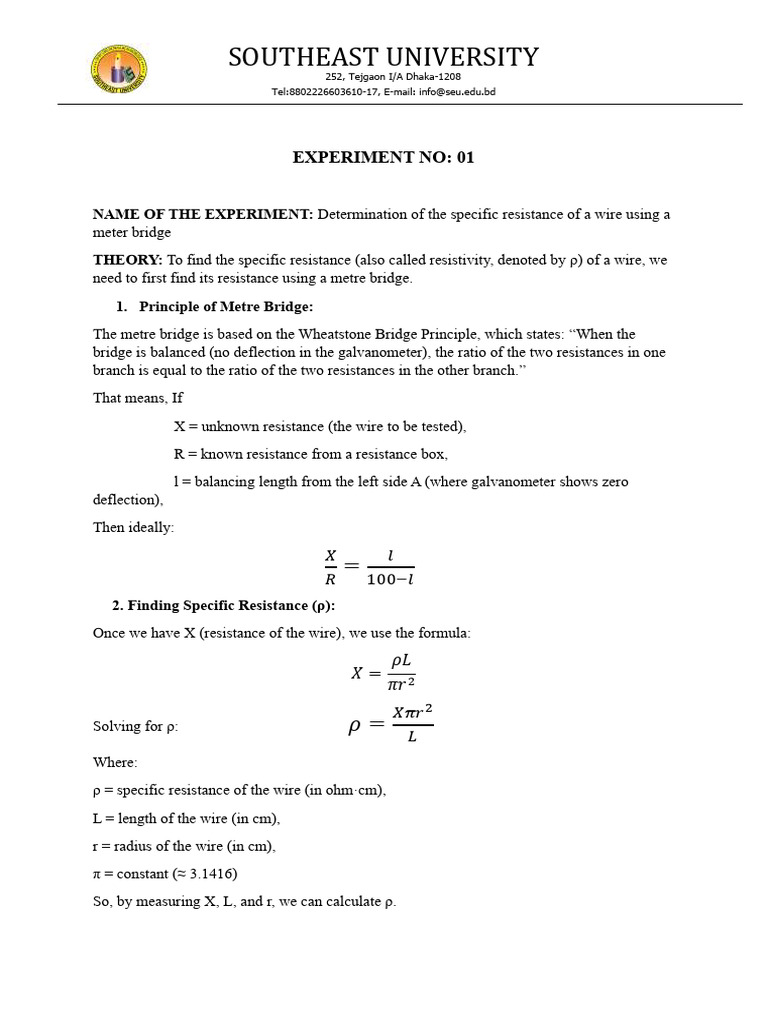 Meter Bridge Experiment for Specific Resistance | PDF | Resistor | Metre