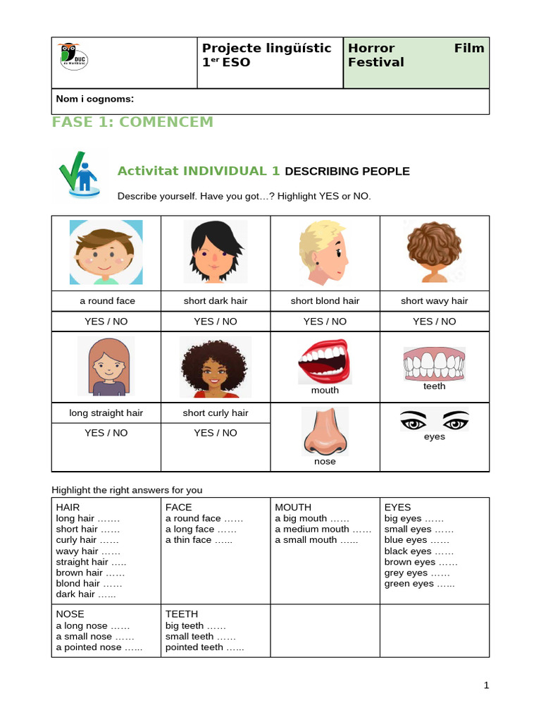 Describing People Activities for 1st ESO | PDF | Human Appearance | Hair
