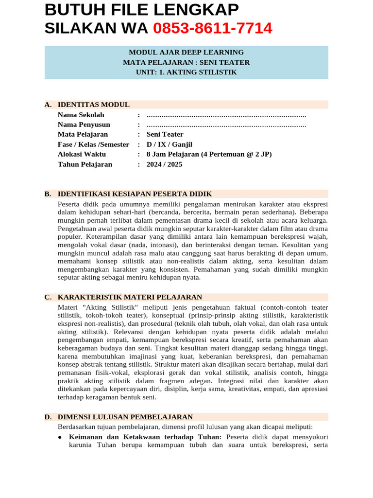 Modul Ajar Deep Learning Senbud Seni Tari Kelas 9 Terbaru 2025 | PDF