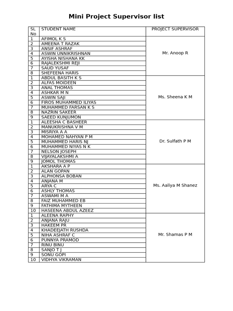 Mini Project Supervisor List | PDF