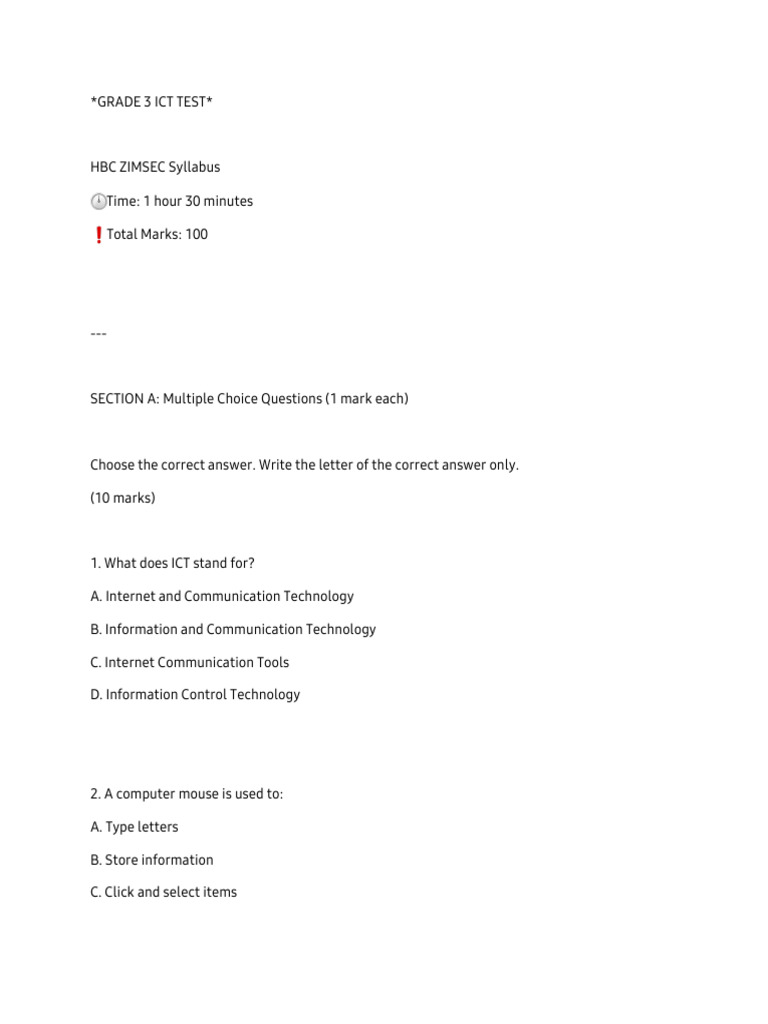 Grade 3 ICT Test Overview | PDF | Input/Output | Computer Monitor