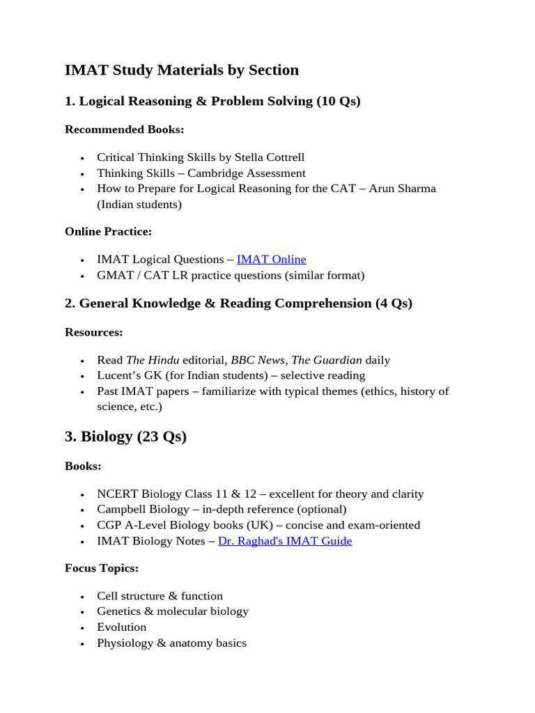 IMAT Study Materials by Section | PDF | Chemistry | Physics