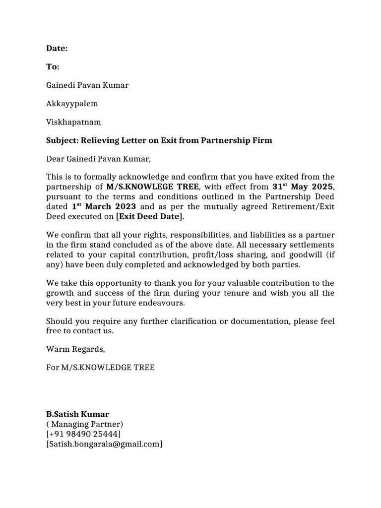 Pavan Partnership Exit Letter | PDF