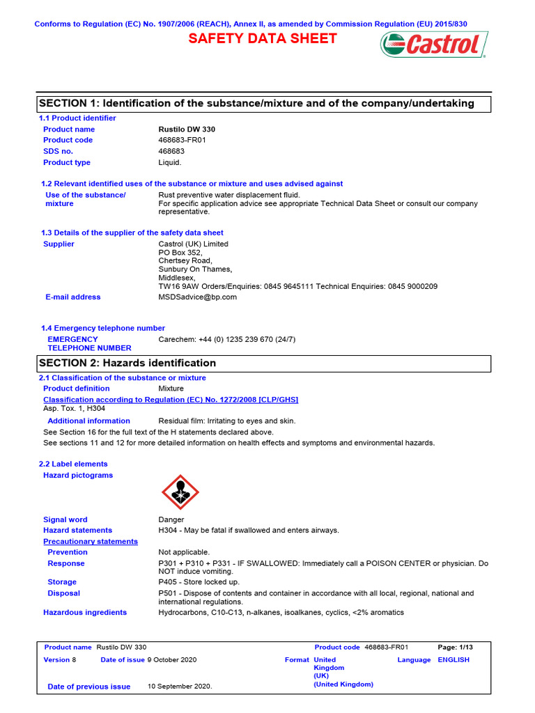 Rustilo DW 330 Safety Data Sheet | PDF | Personal Protective Equipment ...