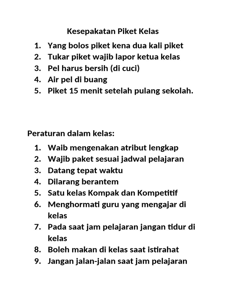 Peraturan dan Kesepakatan Piket Kelas | PDF