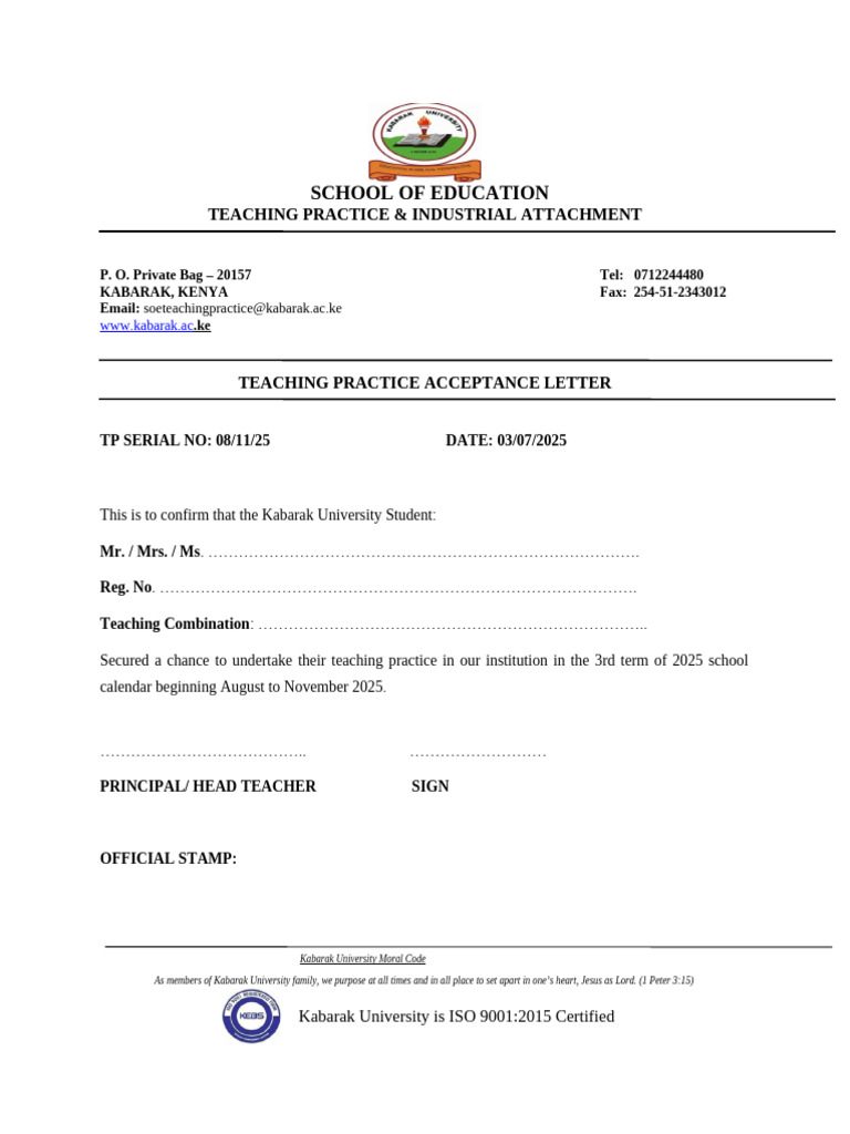 Teaching Practice Acceptance Letter | PDF