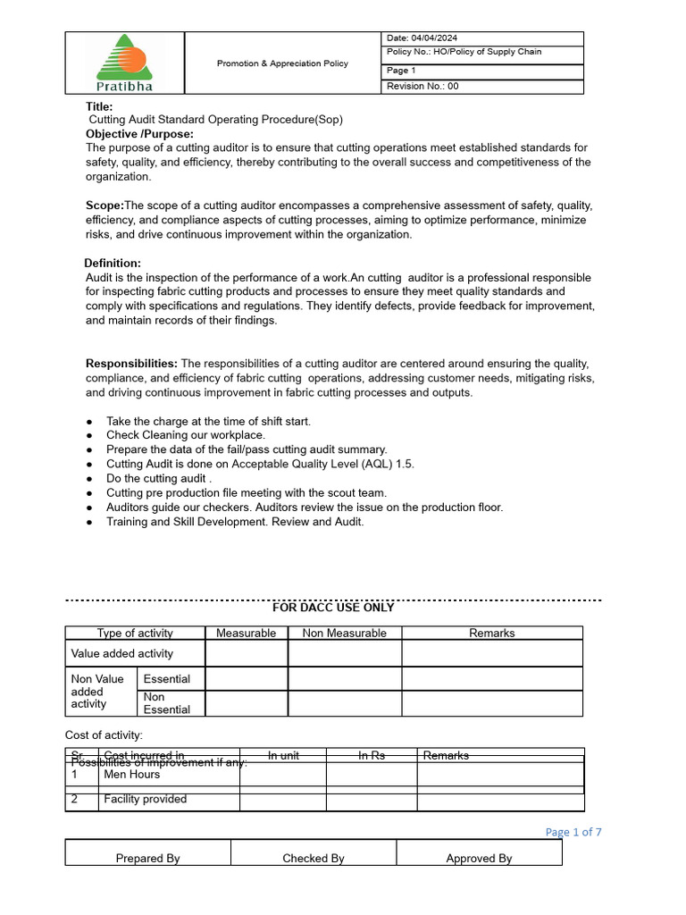 Cutting Audit SOP Overview | PDF | Audit | Safety