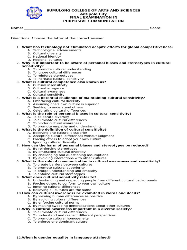 Final Exam: Purposive Communication | PDF | Dialect | Communication