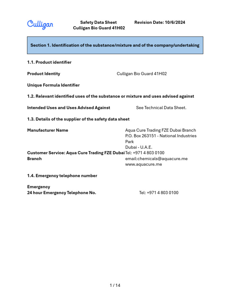 Bio Guard 41H02 Safety Data Sheet | PDF | Toxicity | Dangerous Goods