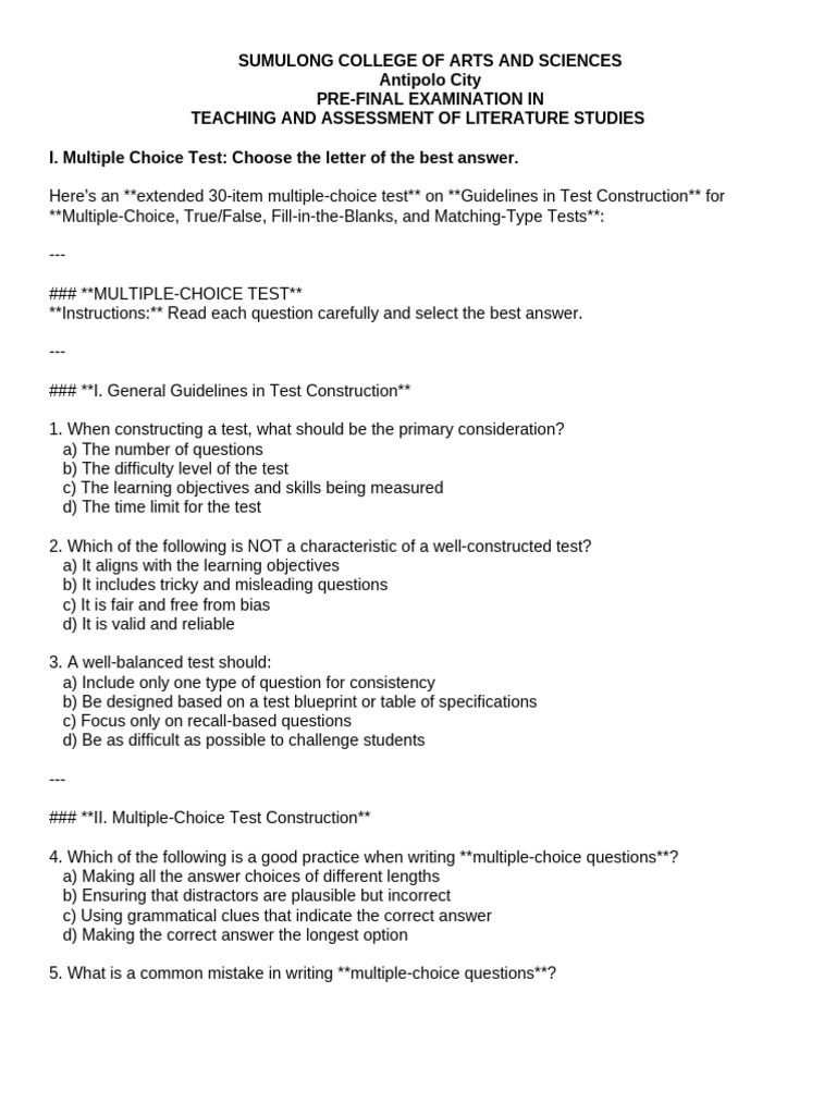 Pre-Final Exam - Teaching and Assessment of Lit Studies Answer Key ...