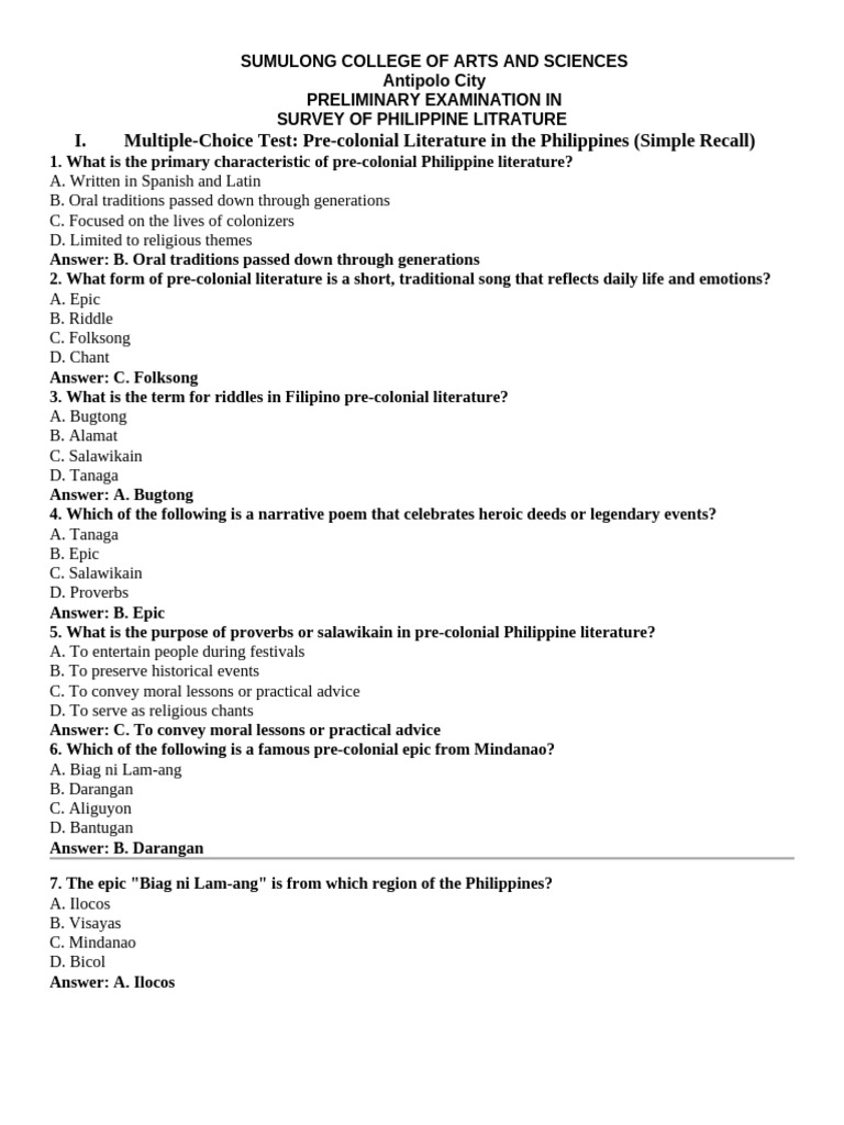 Philippine Literature Exam Answer Key | PDF | Epic Poetry | Philippines