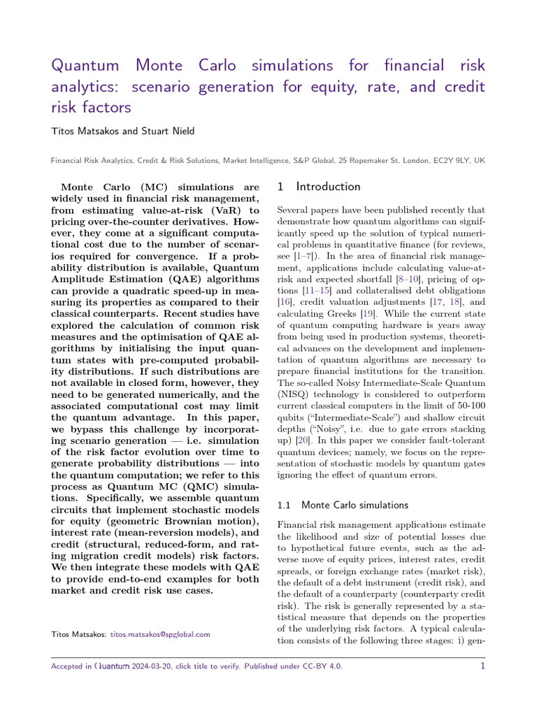 Quantum Monte Carlo Simulations For Financial Risk Analytics: Scenario Generation For Equity ...